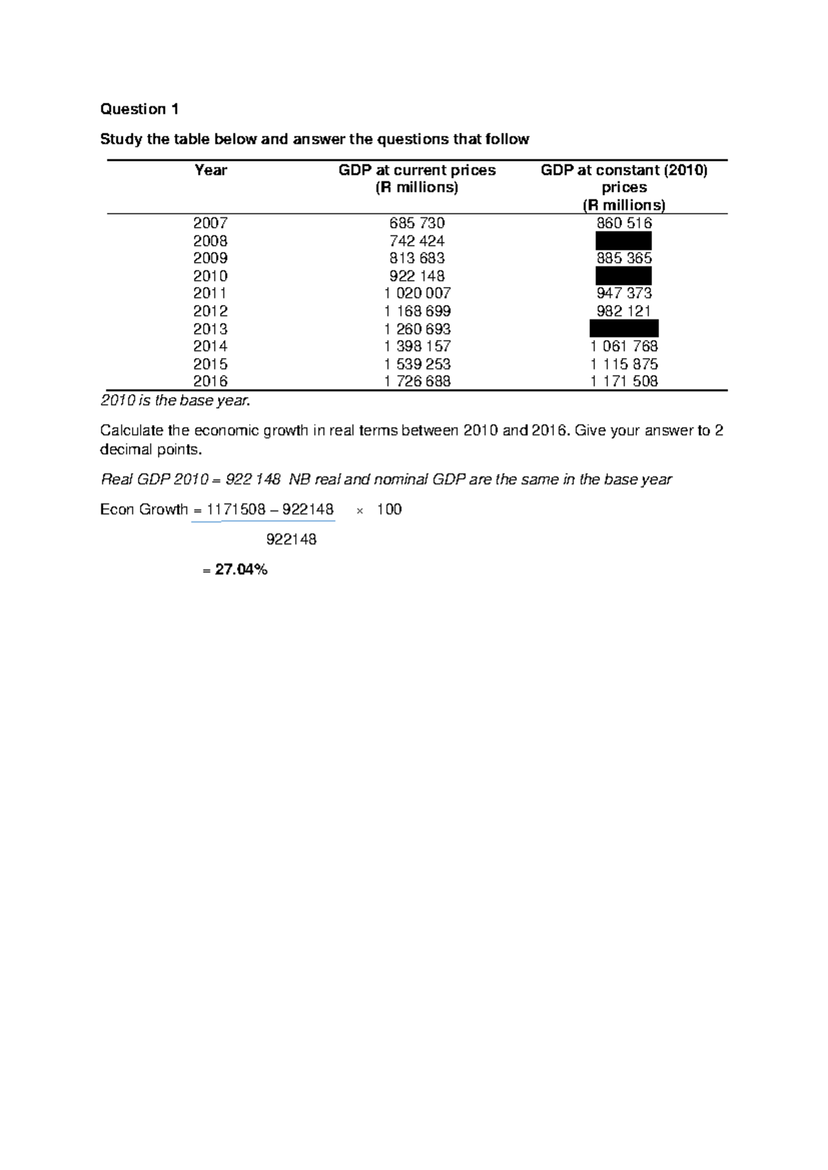 Economics Worksheet Tutorial 1 - Study the table below and answer the ...