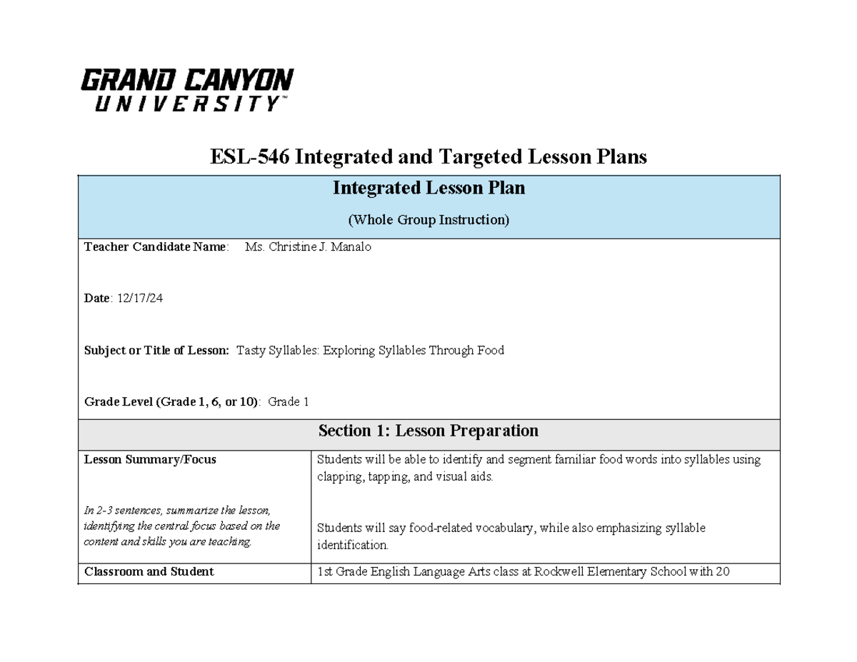 CM Lesson Plan 1 - ESL-546 Integrated and Targeted Lesson Plans Integrated Lesson Plan (Whole ...