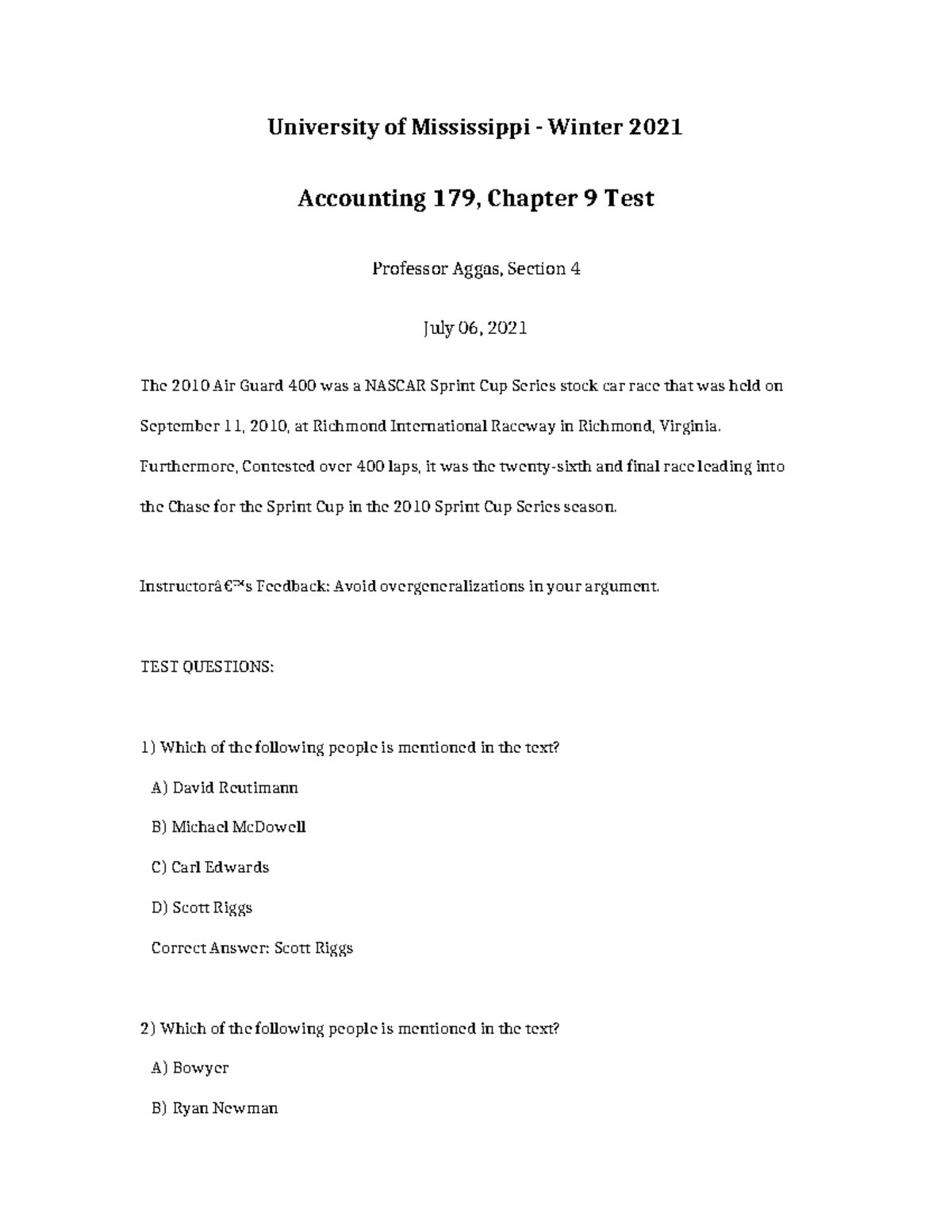 Accounting 179 Chapter 9 TEST - University of Mississippi - Winter 2021 ...