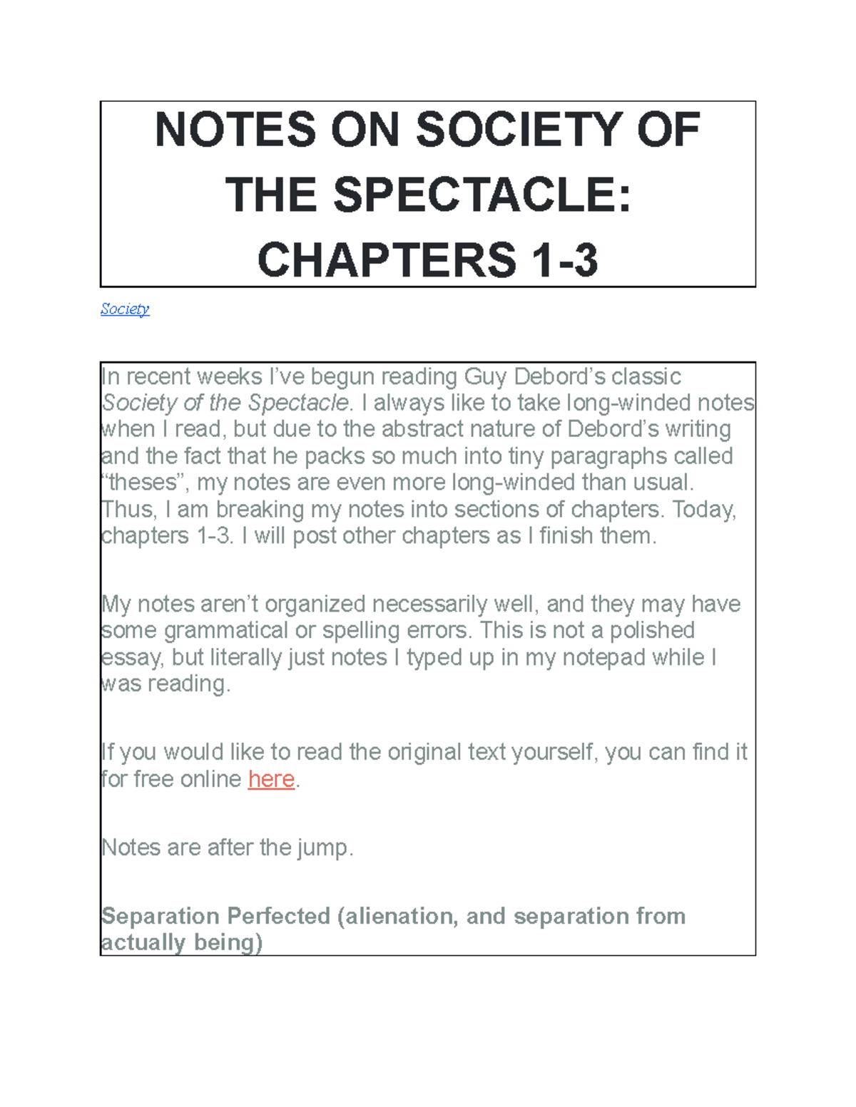 Summary Society of the Spectacle 2 - NOTES ON SOCIETY OF THE SPECTACLE ...