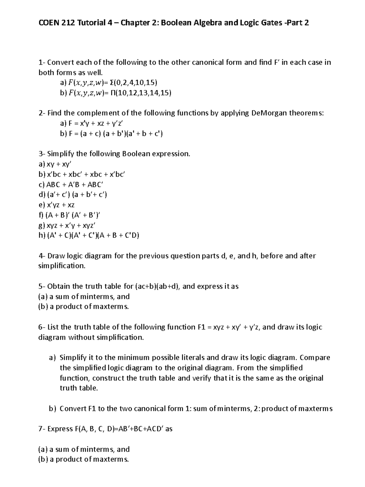 COEN 212 Tutorial 4: Boolean Algebra & Logic Gates Canonical Forms ...