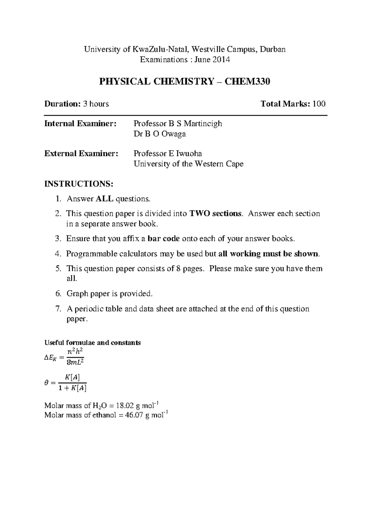 2014 Final Exam (Wstvl) - Physical Chemistry CHEM330 Past Paper - Studocu