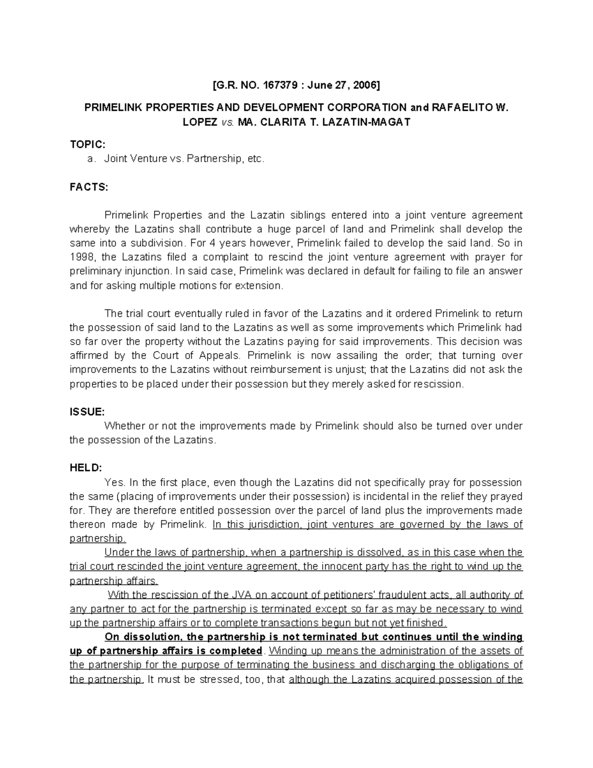 NO. 167379: Joint Venture vs. Partnership - Primelink Case Study - Studocu