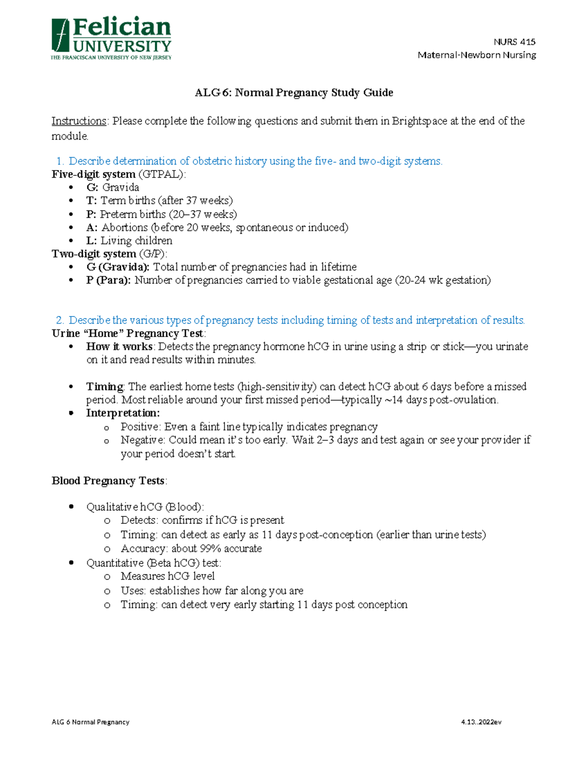 NURS 415 Final Exam Study Guide: Normal Pregnancy (ALG 6) - Studocu