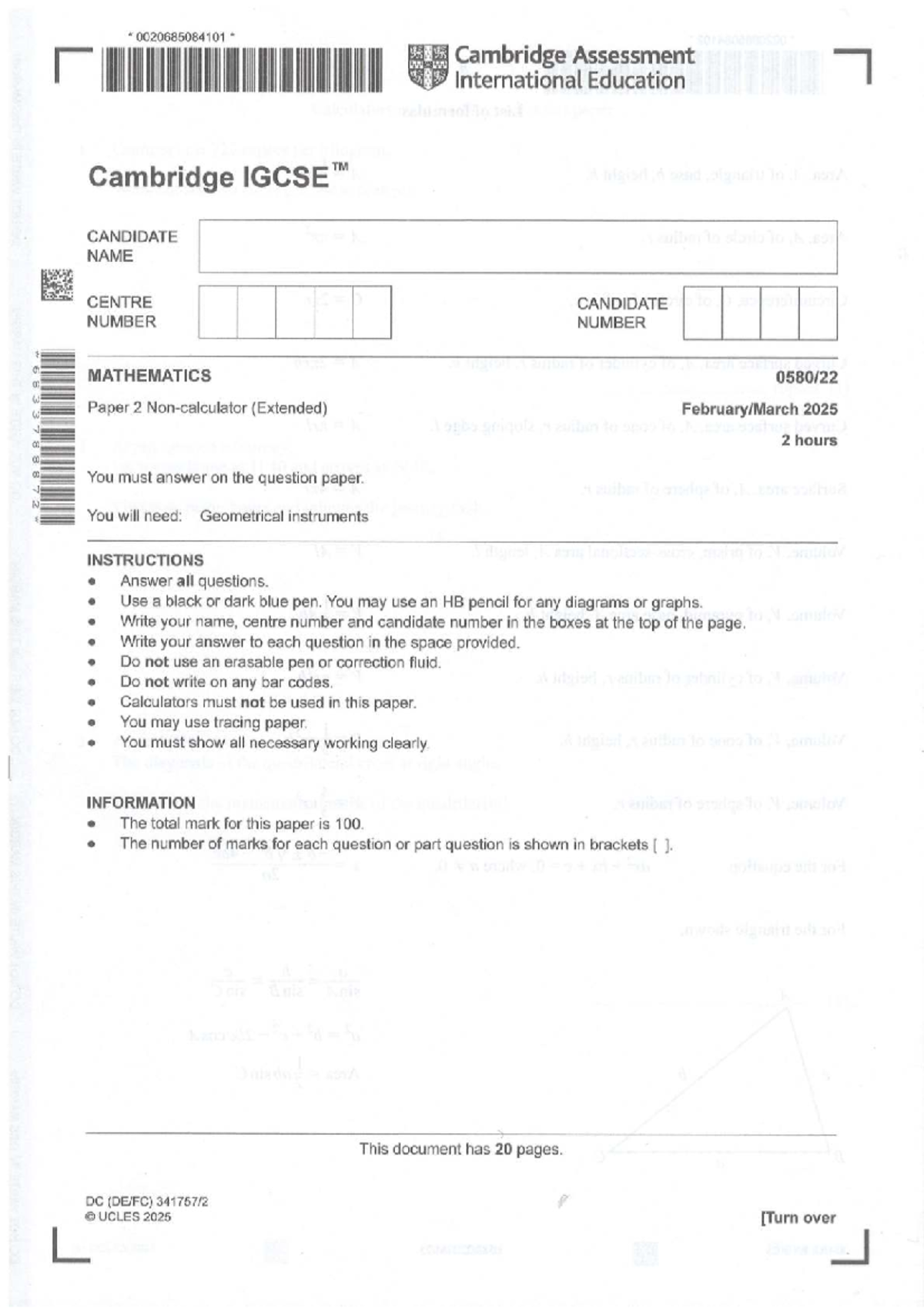 Cambridge IGCSE Mathematics Paper 2 (Extended) Exam 2025 - Studocu