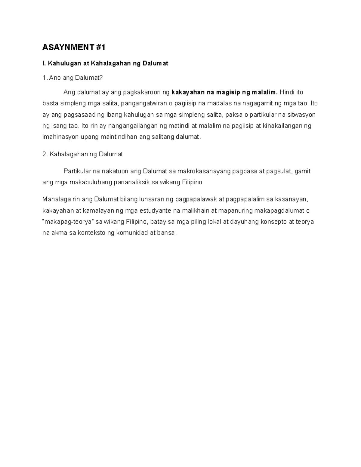 Dalumat Assignment #1: Kahulugan at Kahalagahan ng Dalumat - Studocu