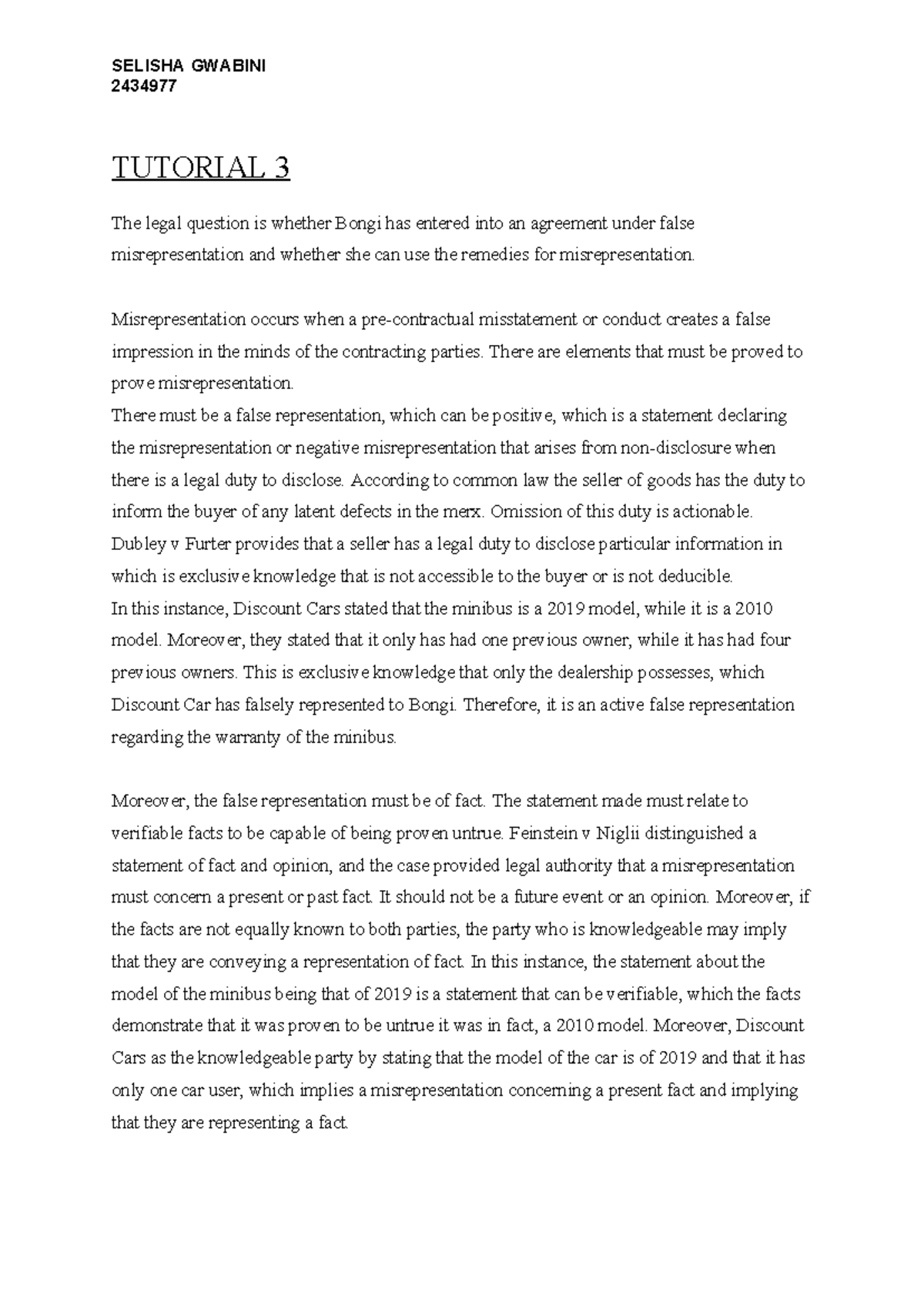 Tutorial 3: Misrepresentation Analysis in Bongi's Contract Case - Studocu