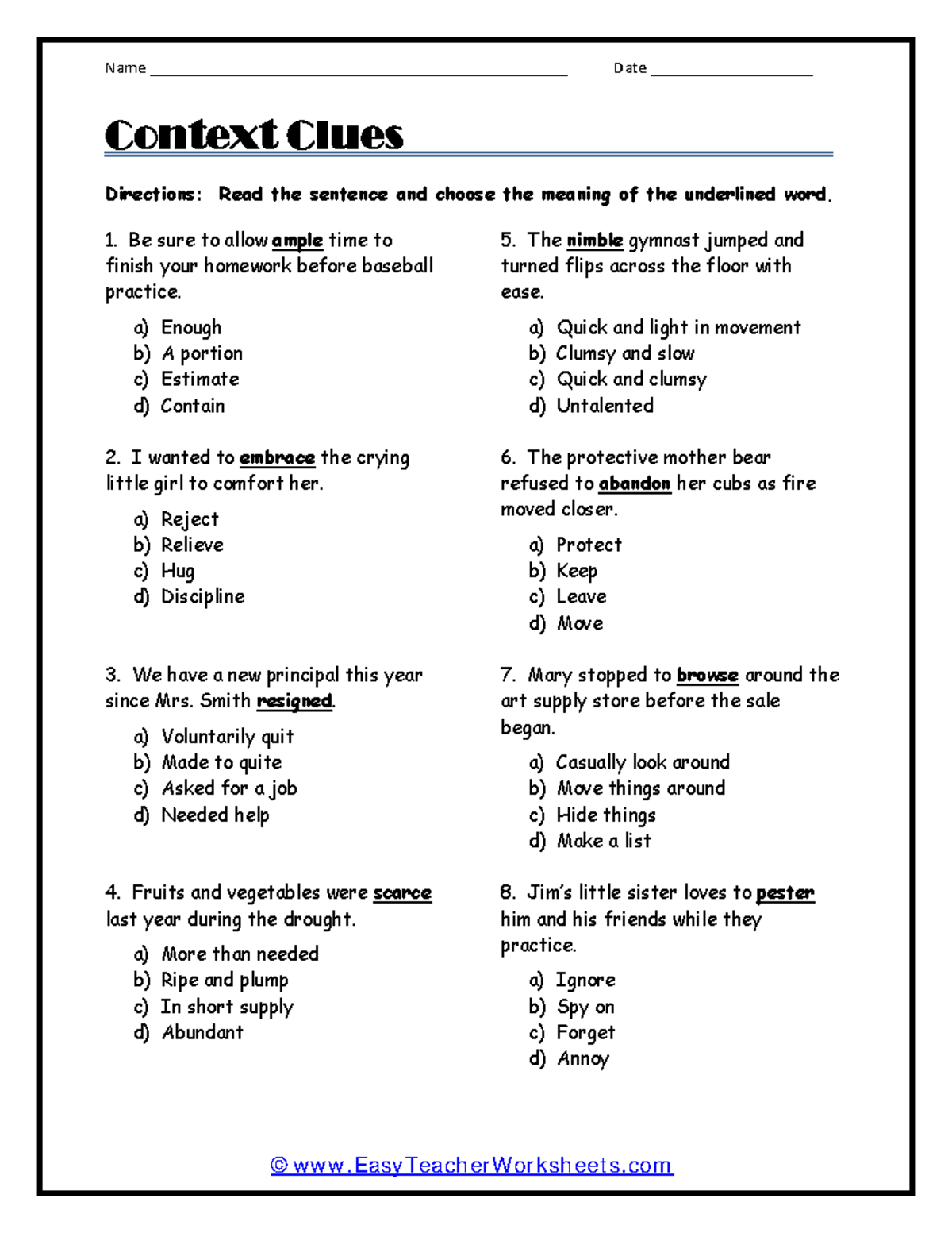 Context Clues Worksheet: Understanding Word Meanings - Studocu
