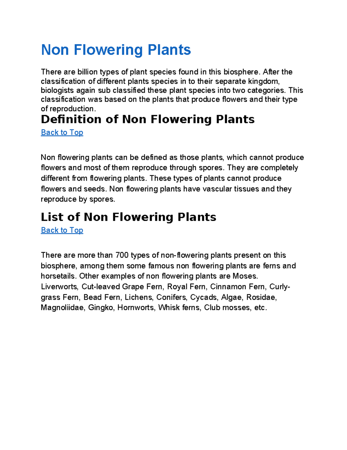 Non-Flowering Plants: Classification, Types, and Characteristics - Studocu