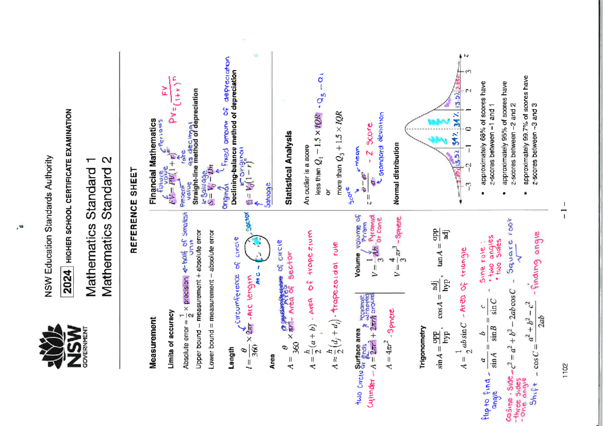 NSW HSC 2024 Mathematics Standard Reference Sheet - Studocu