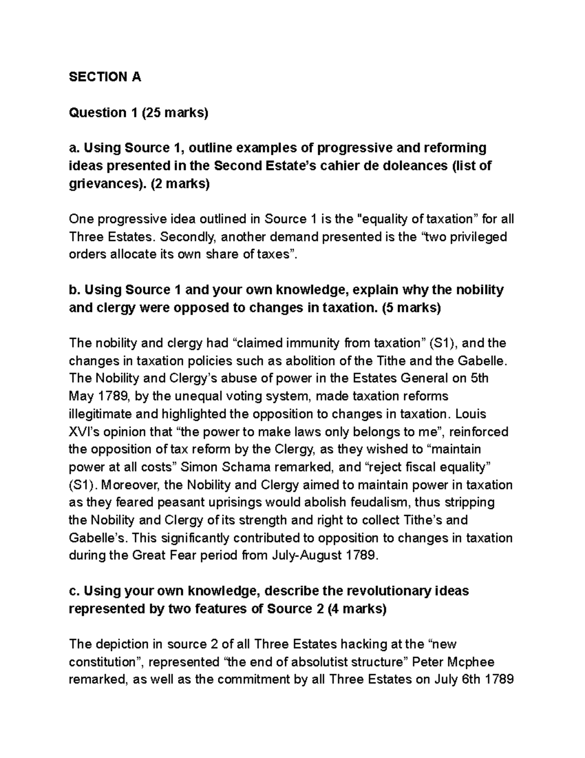 Revolutions VCE Sample Answers: Section A Exam Responses - Studocu