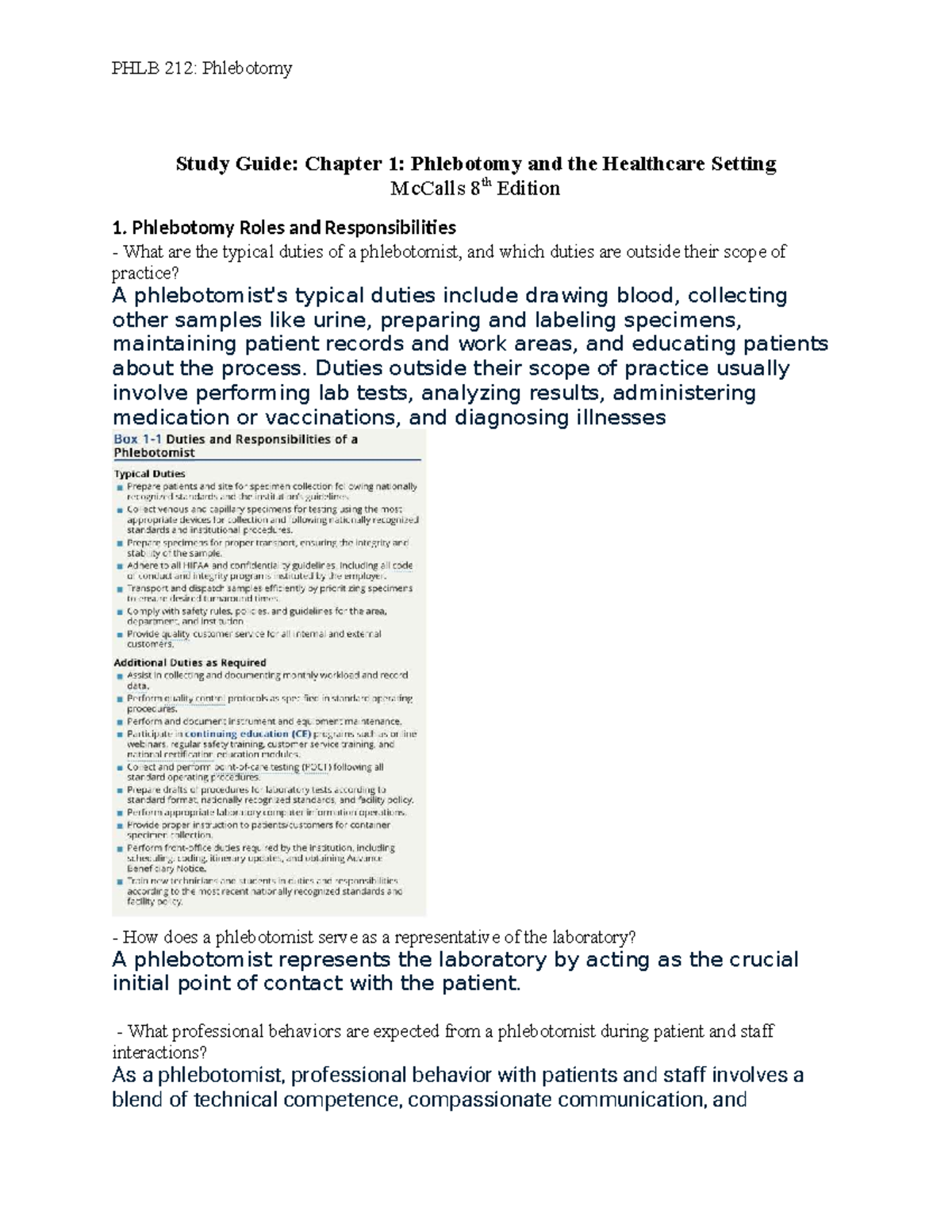 PHLB 212: Study Guide for Chapter 1 - Phlebotomy in Healthcare Settings ...