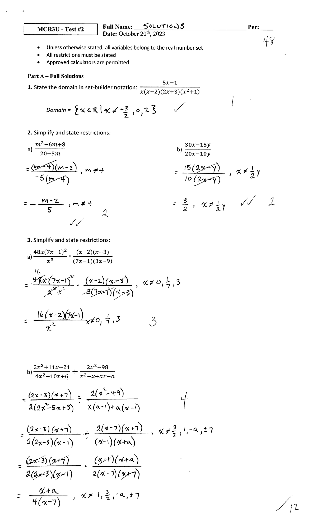 Test 2 Solutions for Rational Expressions - MCR3U 2023 - Studocu