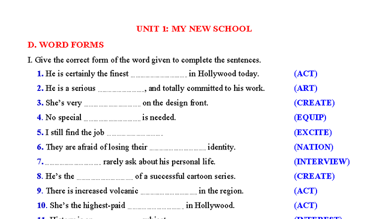 Bài Tập Anh: Word Forms E6 (Units 1-6) - Studocu
