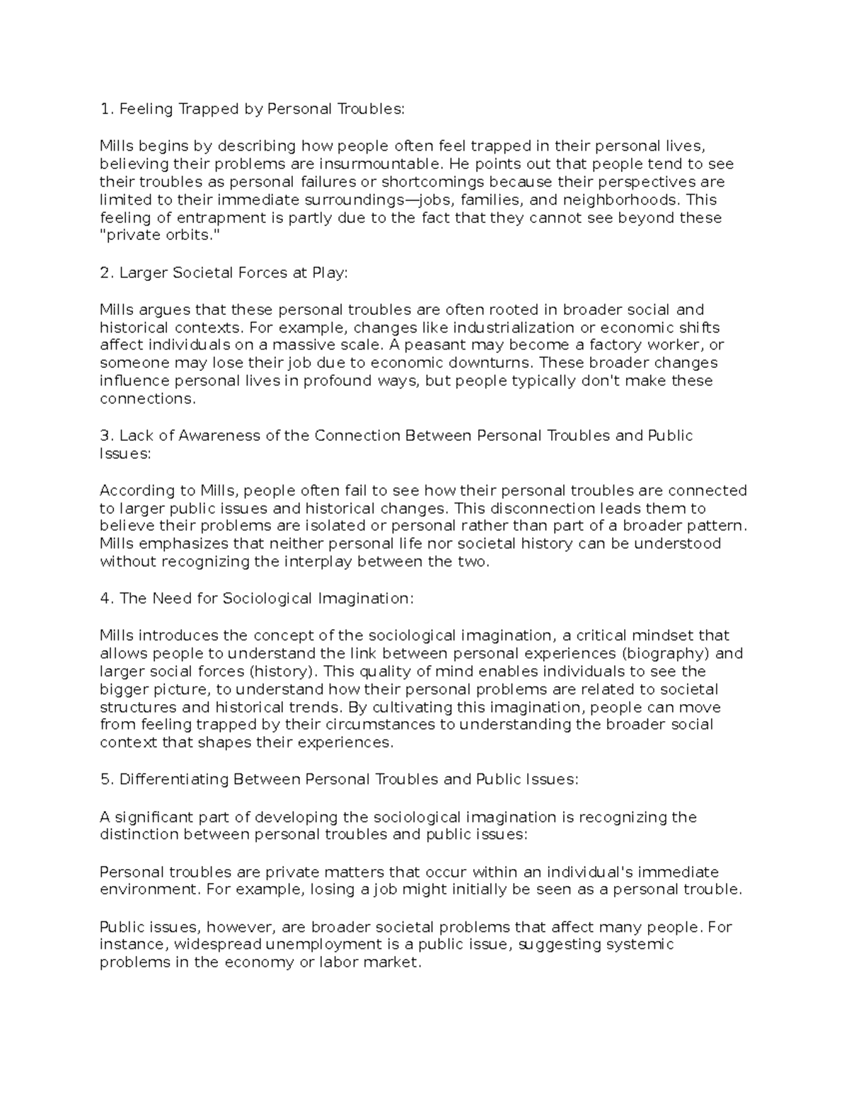 Socio 114 notes - Feeling Trapped by Personal Troubles: Mills begins by ...