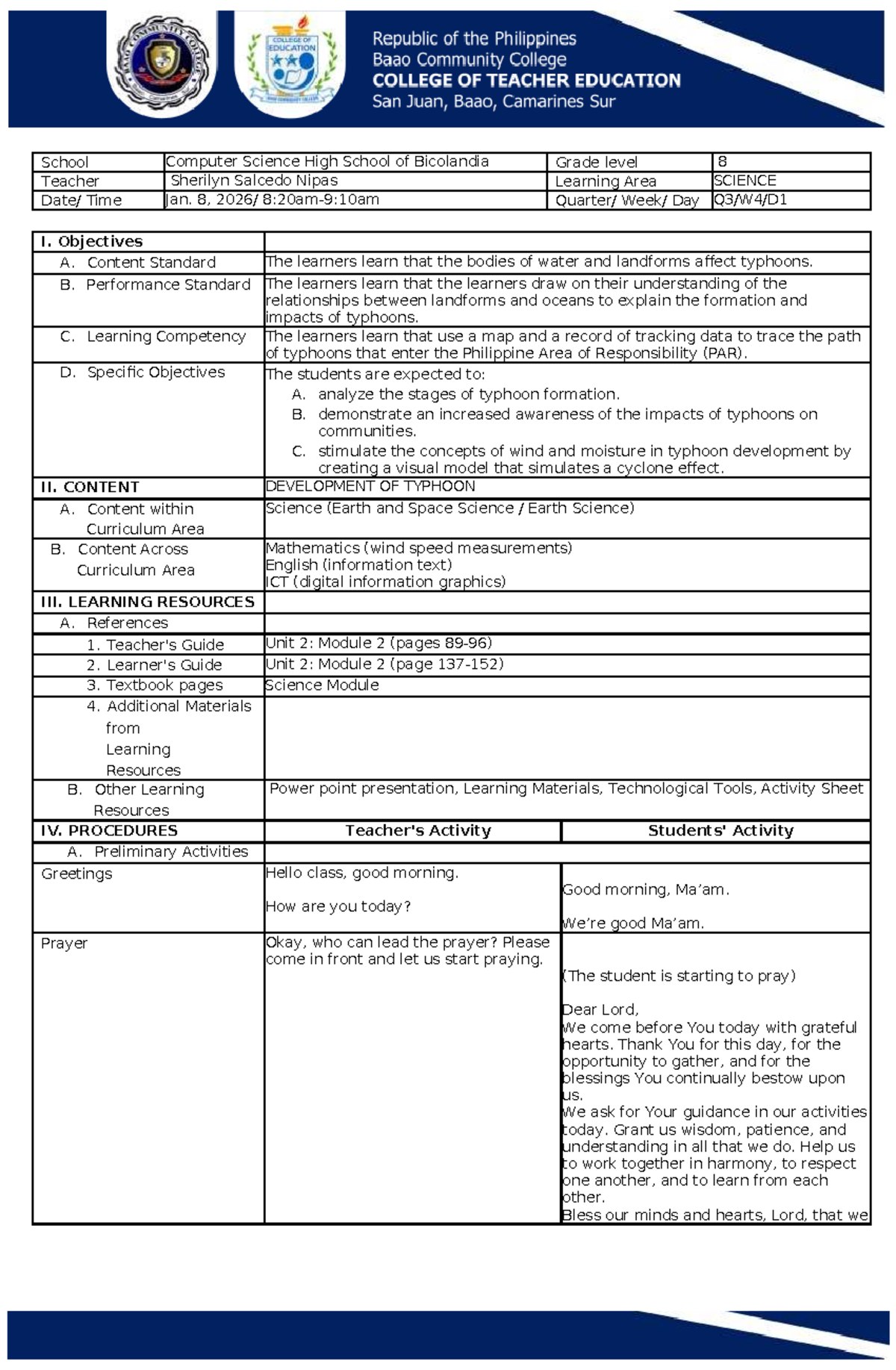 Development of Typhoon - DLP (Grade 8 Science) - Studocu