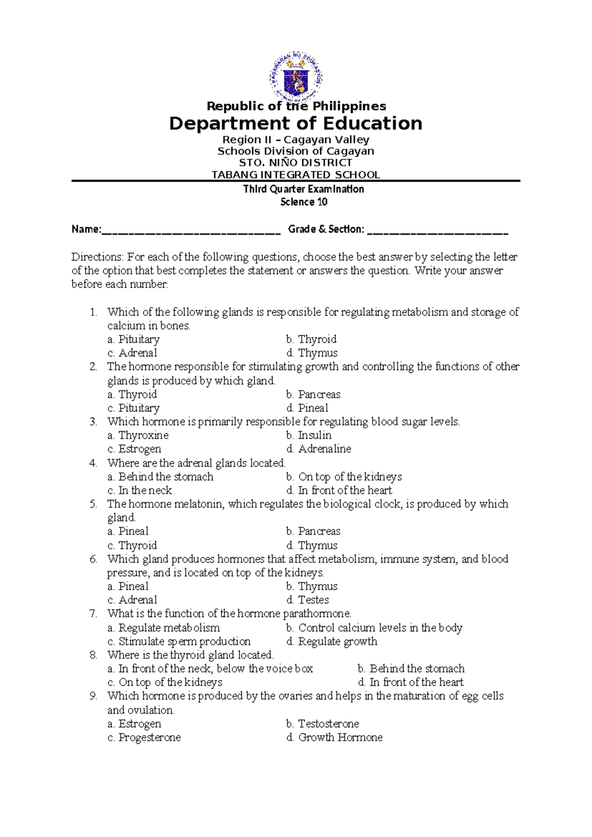 Science 10 - 3rd Quarter Exam Questions and Answers - Studocu