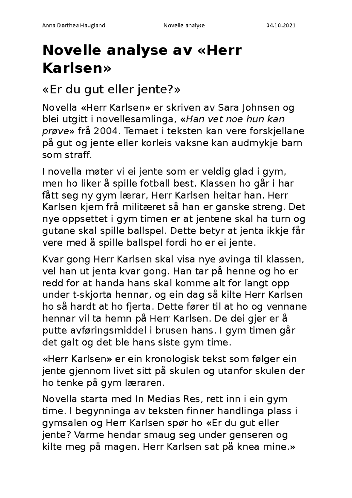 Norsk Novelle Analyse: Dybdestudie av "Herr Karlsen" (Anna Haugland ...