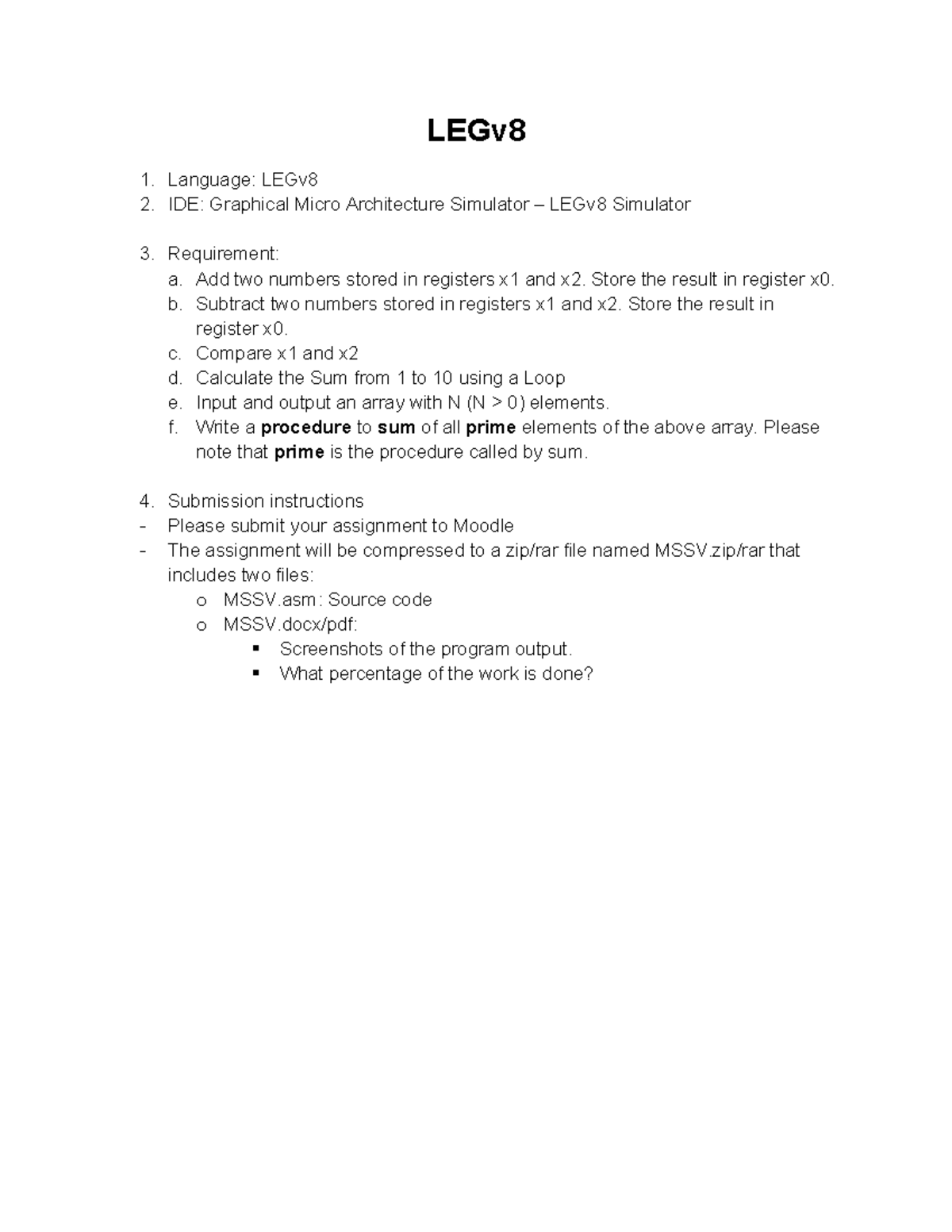 Assignment 2: LEGv8 Programming Tasks and Requirements - Studocu