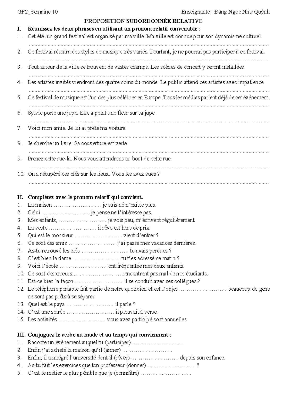 NP2 Semaine 10 Exercices sur la Proposition Subordonnée Relative - Studocu