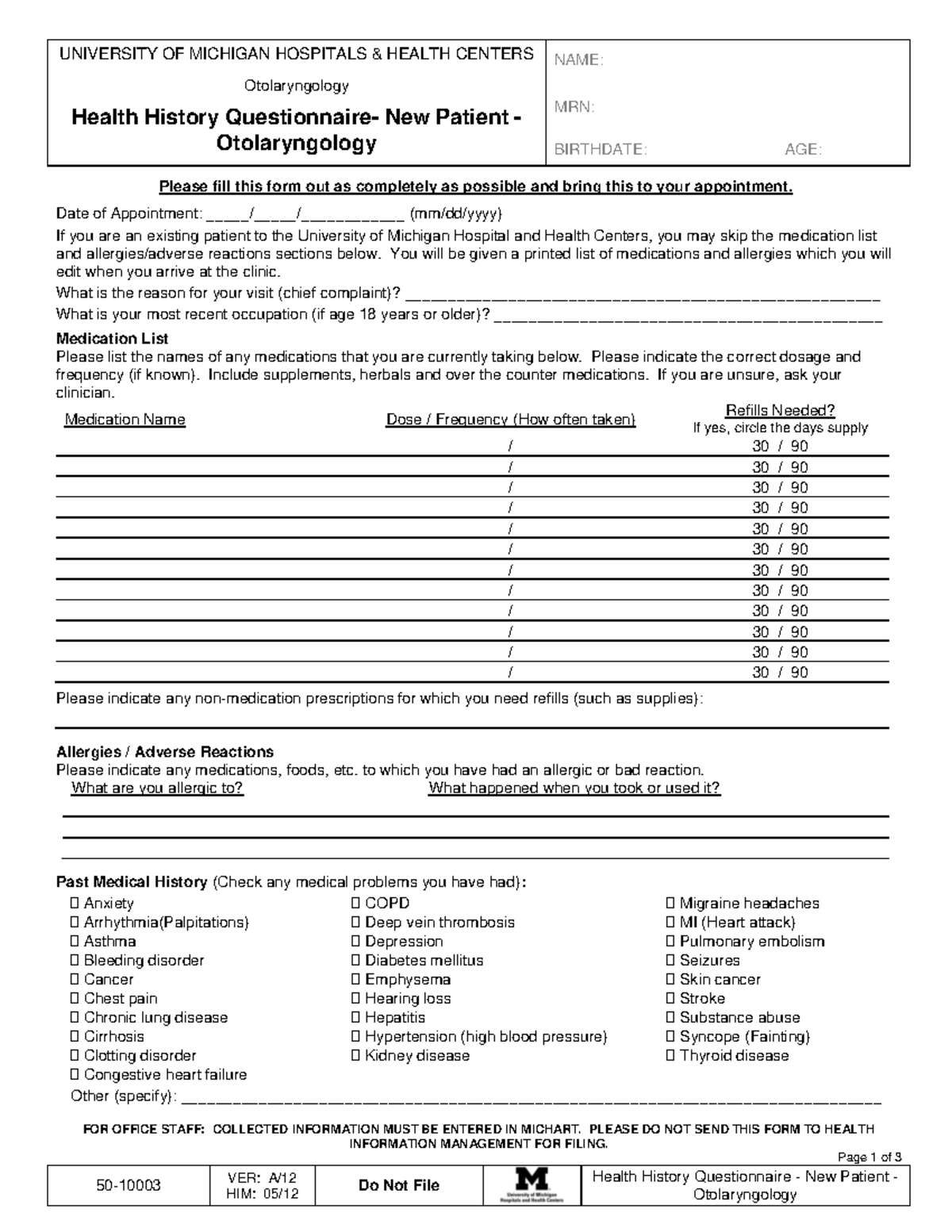 Health History Questionnaire for New Patient Otolaryngology - UMHC ...