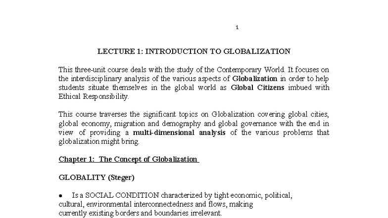TCW 1: Introduction to Globalization - Key Concepts and Theories - Studocu