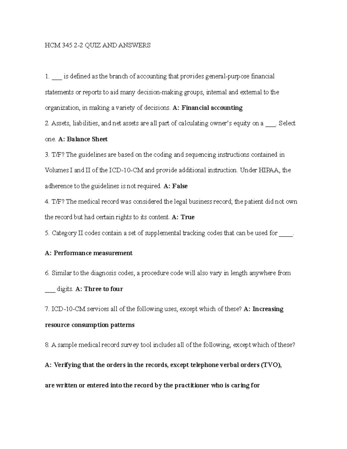 2-2 Quiz HCM-345 Chapters 2 and 9 Healthcare Reimbursement - 2-2 Module ...