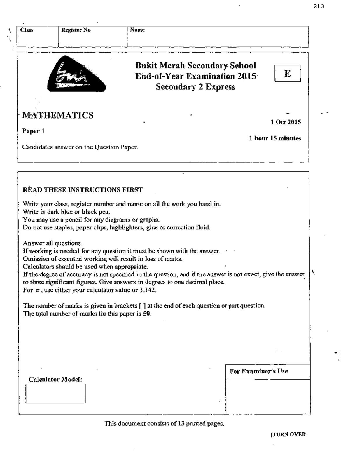Sec 2 Express Mathematics SA2 Exam 2015 - Bukit Merah School - Studocu