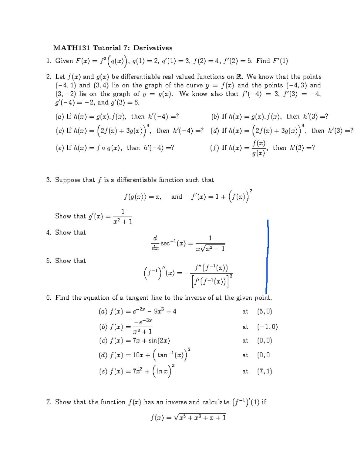 MATH131 Tutorial 7: Advanced Derivatives and Inverse Functions - Studocu