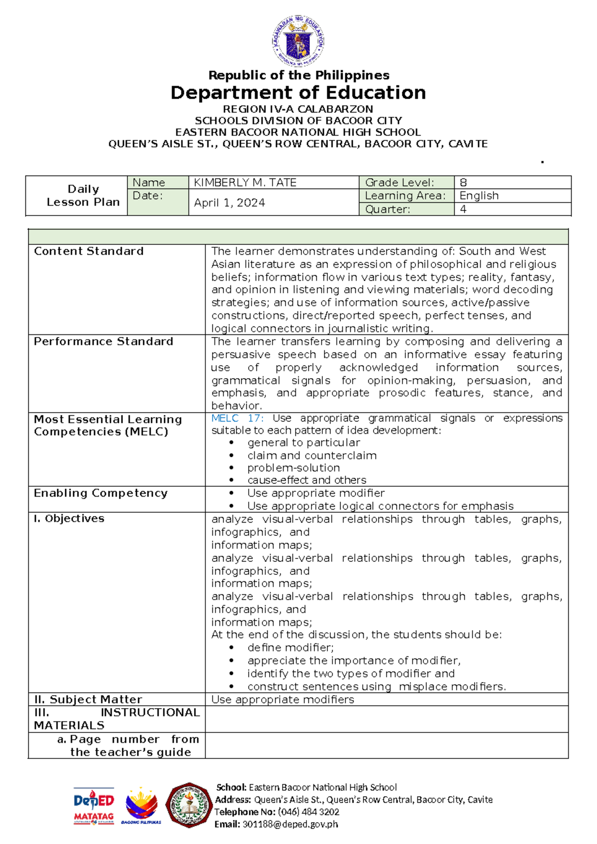 Lesson Plan (Grade 8) on Use of Modifiers - English DLP - Studocu