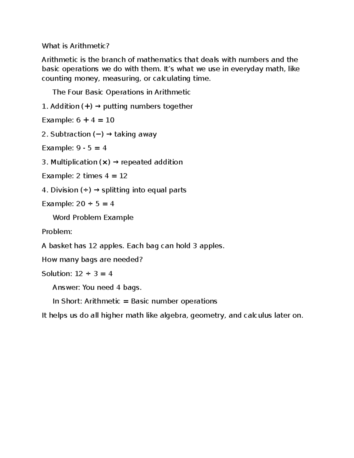 Basic Arithmetic Concepts and Operations - Studocu