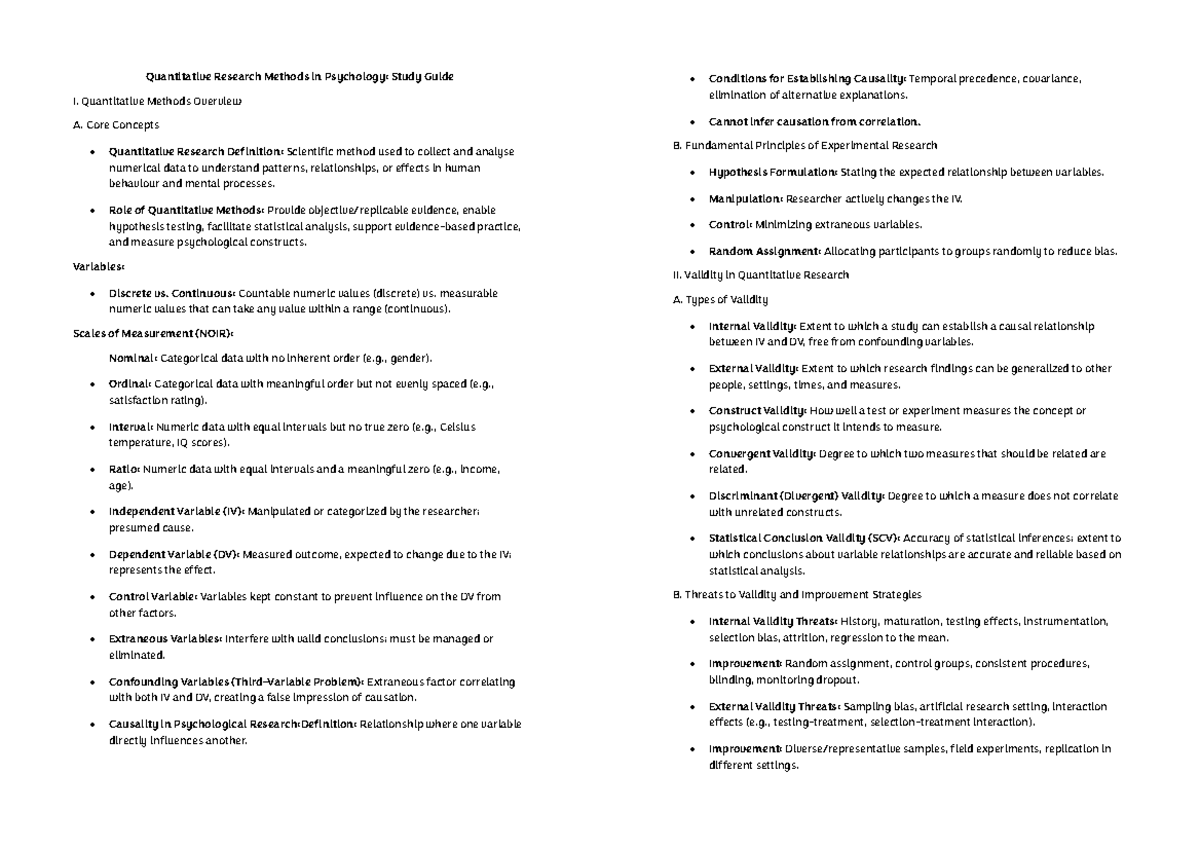 PSY3007S Quantitative Research Methods: Study Guide for Test - Studocu