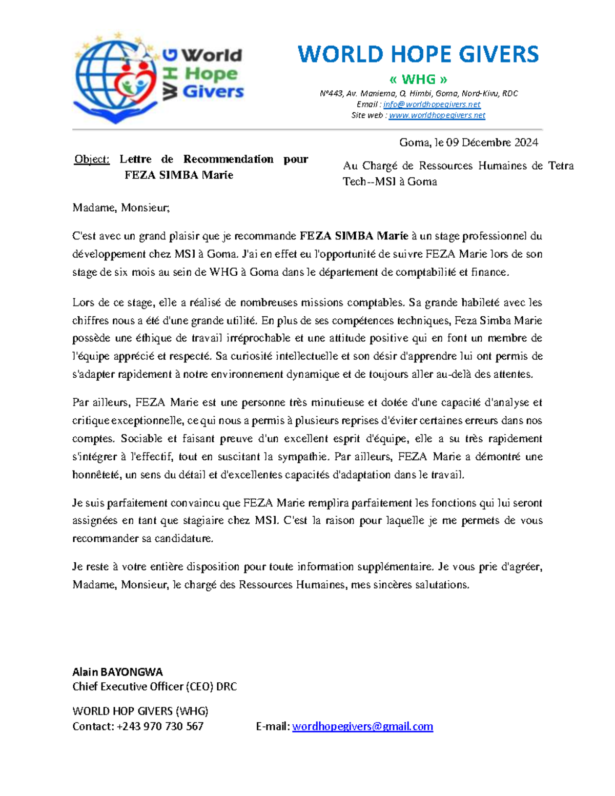 Lettre de Recommandation pour FEZA SIMBA Marie - MSI - Studocu