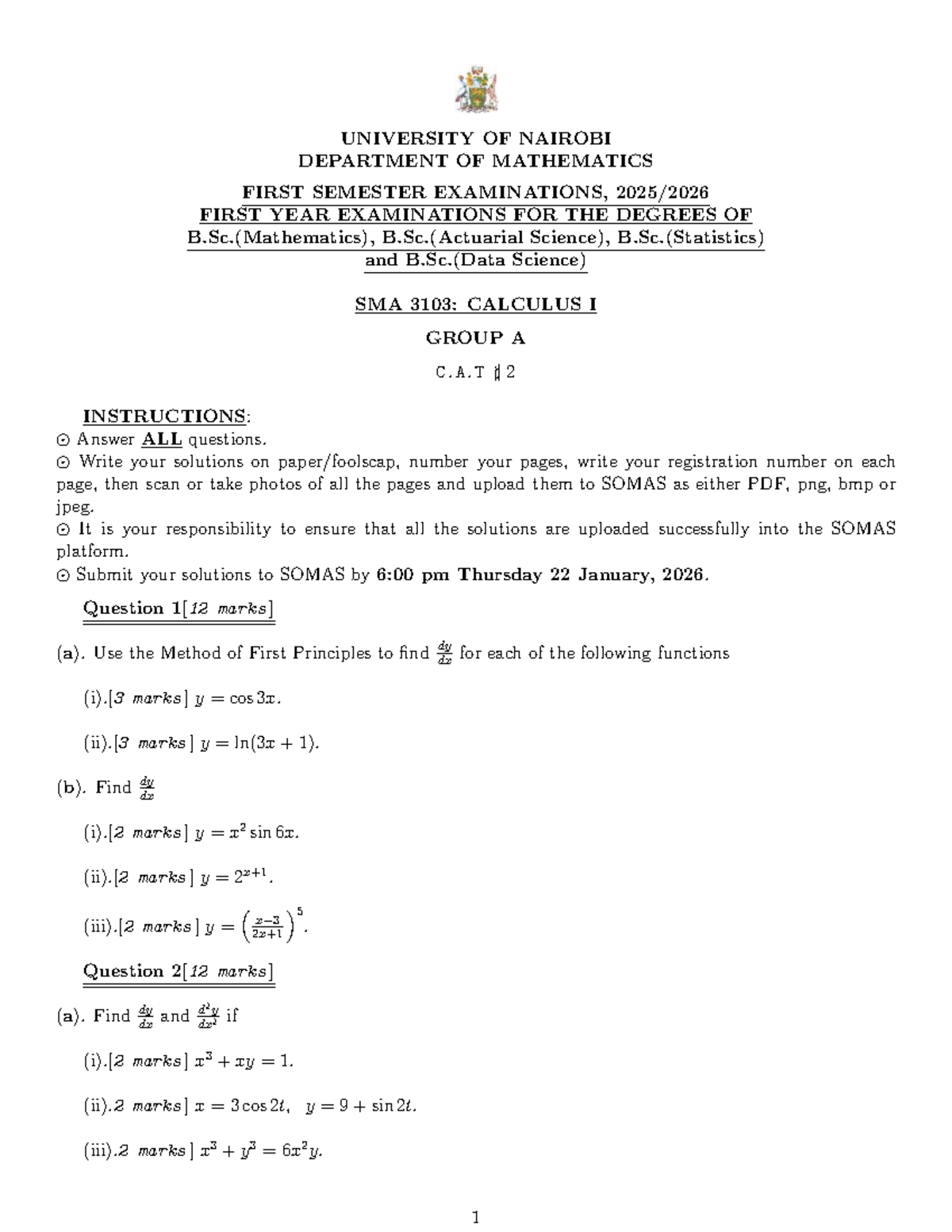 SMA 3103: Calculus I CAT 2 Exam Instructions & Questions 2025-2026 ...