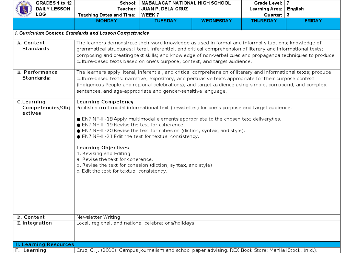 Q3 DLL-G7-WEEK-7: Daily Lesson Log for Grade 7 English - Studocu