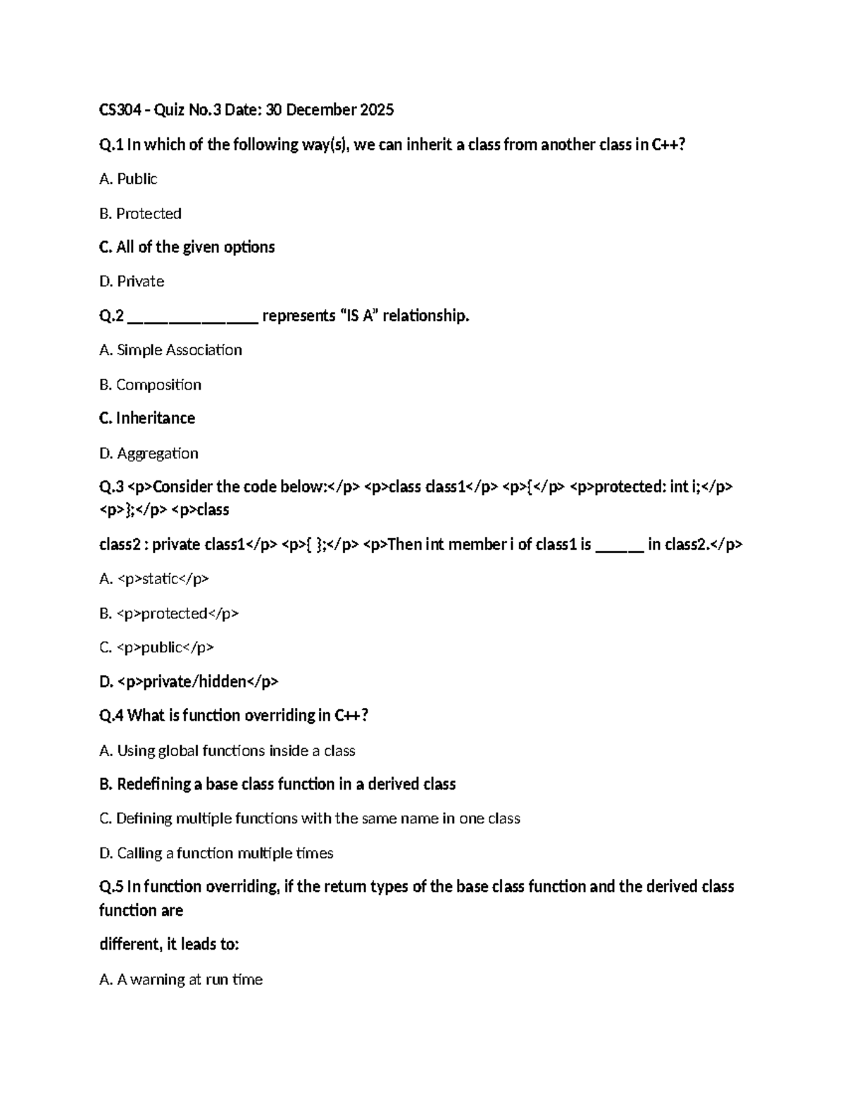 CS304 Quiz No.3 - Key Concepts and Questions (2025) - Studocu