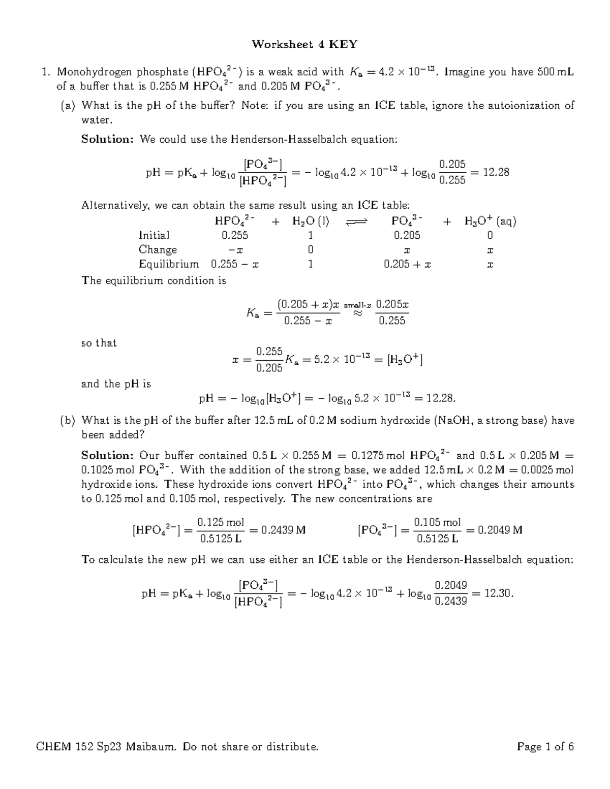 WS4-Key - Worksheet 4 Solutions on Buffers and Titrations - Studocu