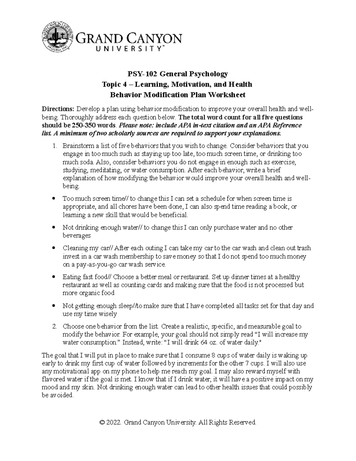 PSY 102 RS T4 Behavior Modification Plan - PSY-102 General Psychology ...