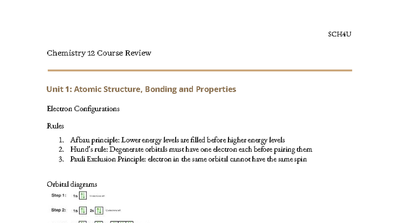 SCH4U Chemistry 12 Final Exam Review: Atomic Structure & Organic ...
