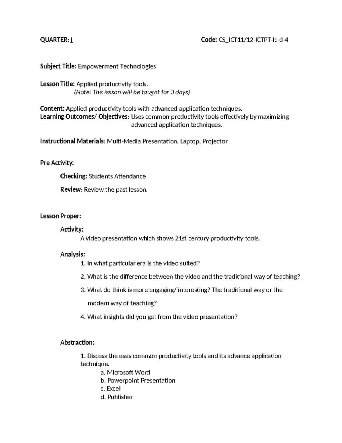 CS_ICT11/12 Lesson Plan: Applied Productivity Tools in Tech - Studocu