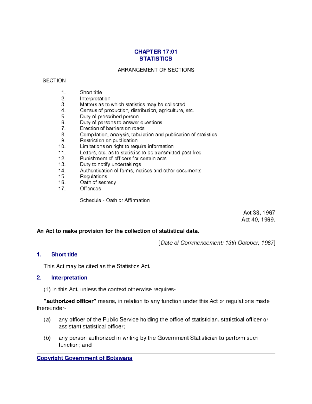 Statistics-Act - Statutory Act for the botswana census - CHAPTER 17 ...