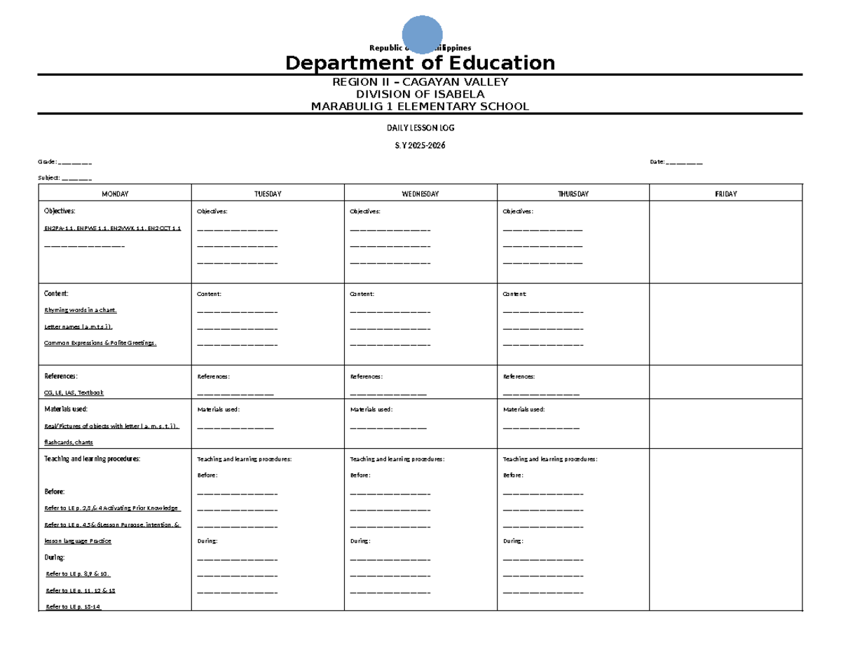 Sample Daily Lesson Log (DLL) - Revised K-12 for ENPWS 1.1, EN2VWK 1.1 ...