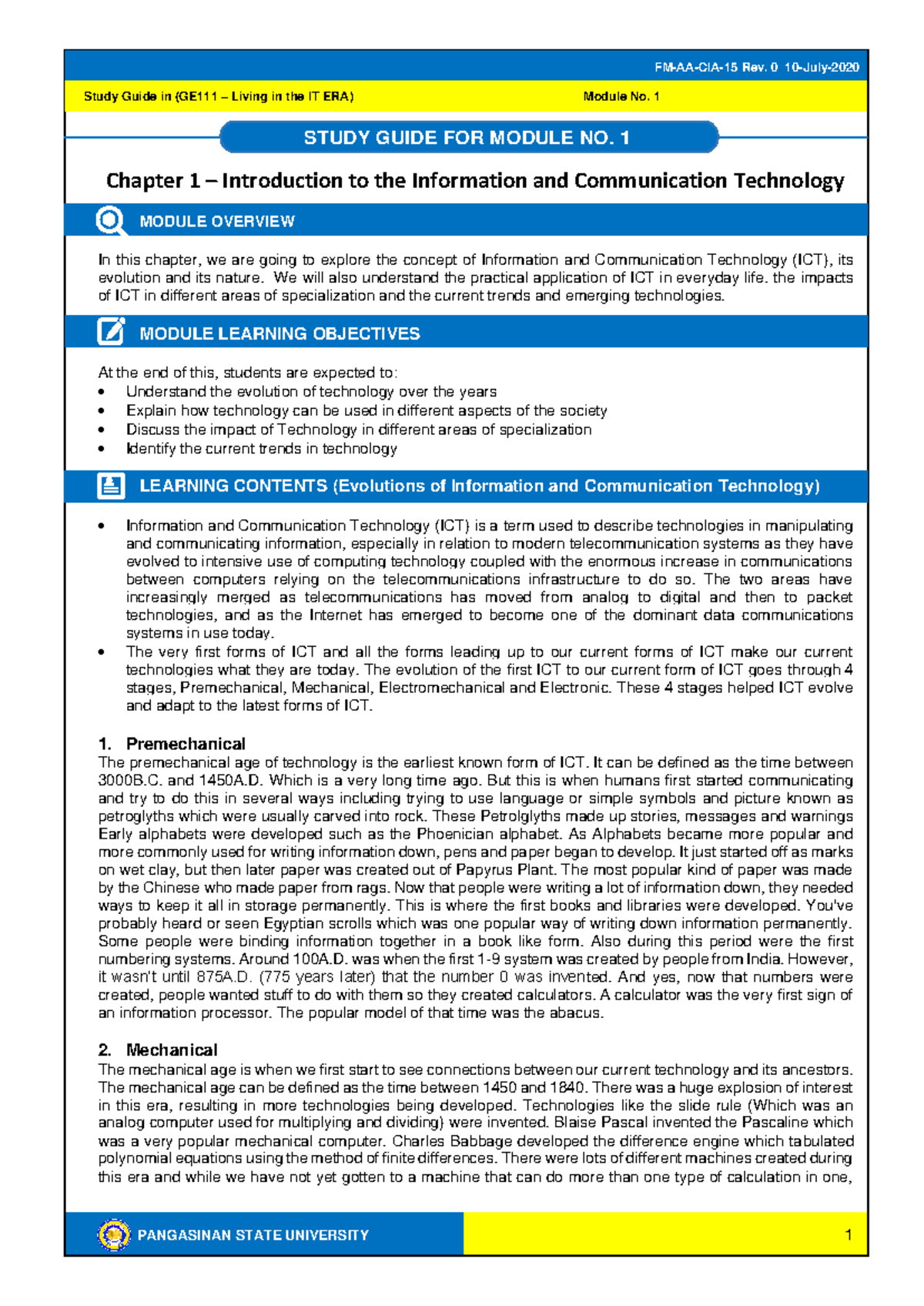 Study Guide for Module 1: Introduction to ICT (Rev. 0) - Studocu