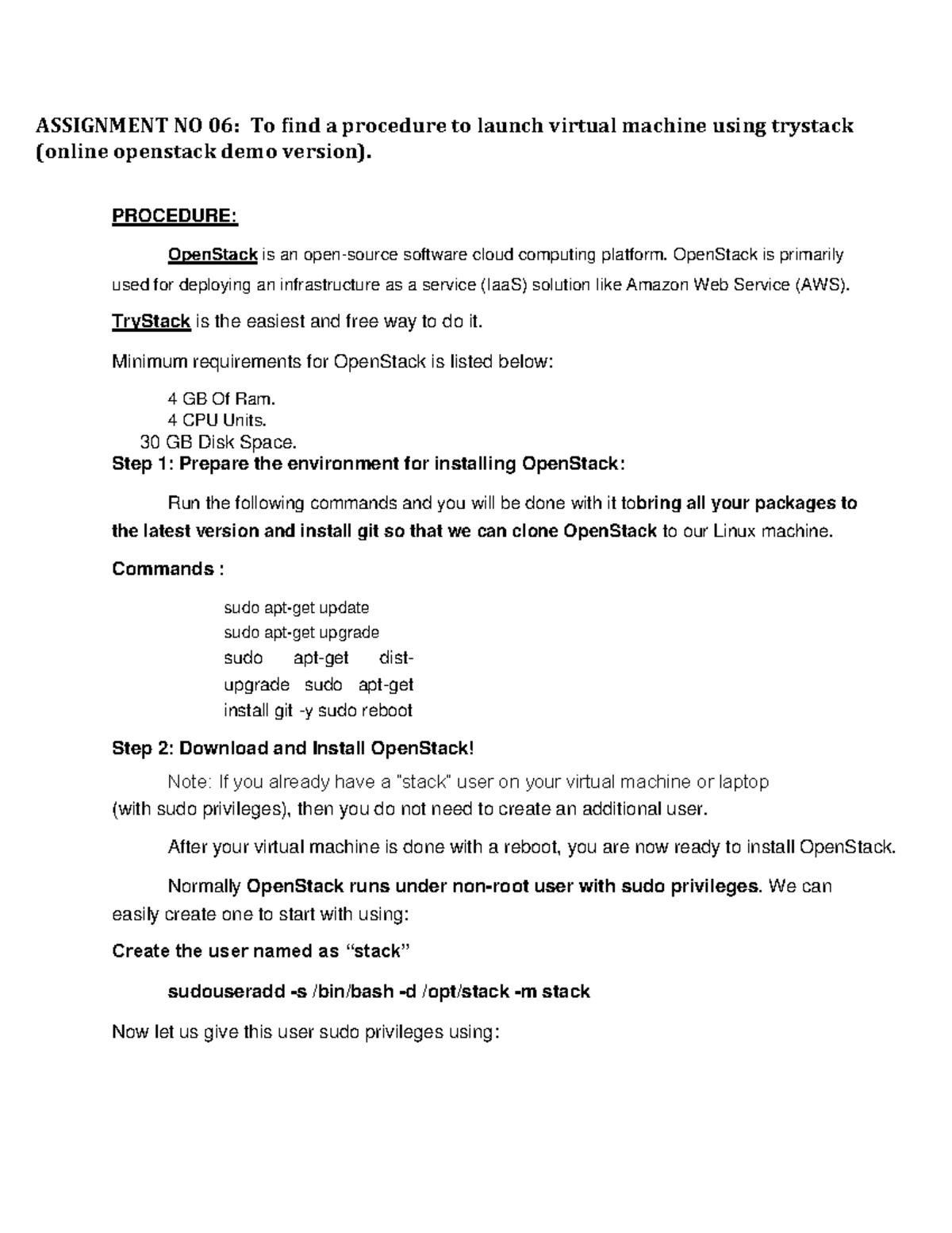 ASSIGNMENT NO 06: Launching a VM on TryStack with OpenStack - Studocu