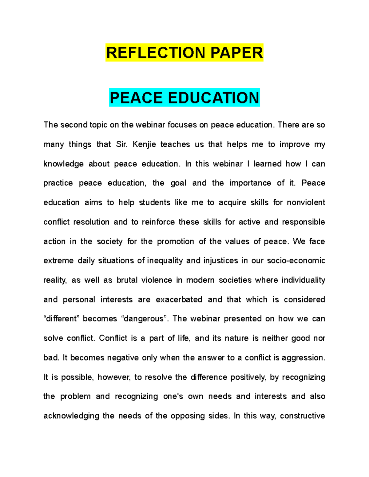 NSTP 4 - Reflection Paper on Peace Education: Insights and Learning ...