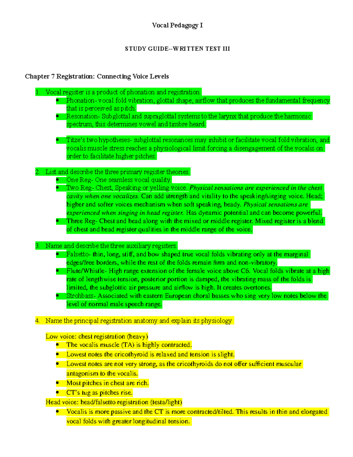 Exam 3 Study Guide - Vocal Pedagogy I STUDY TEST Chapter 7 Registration ...