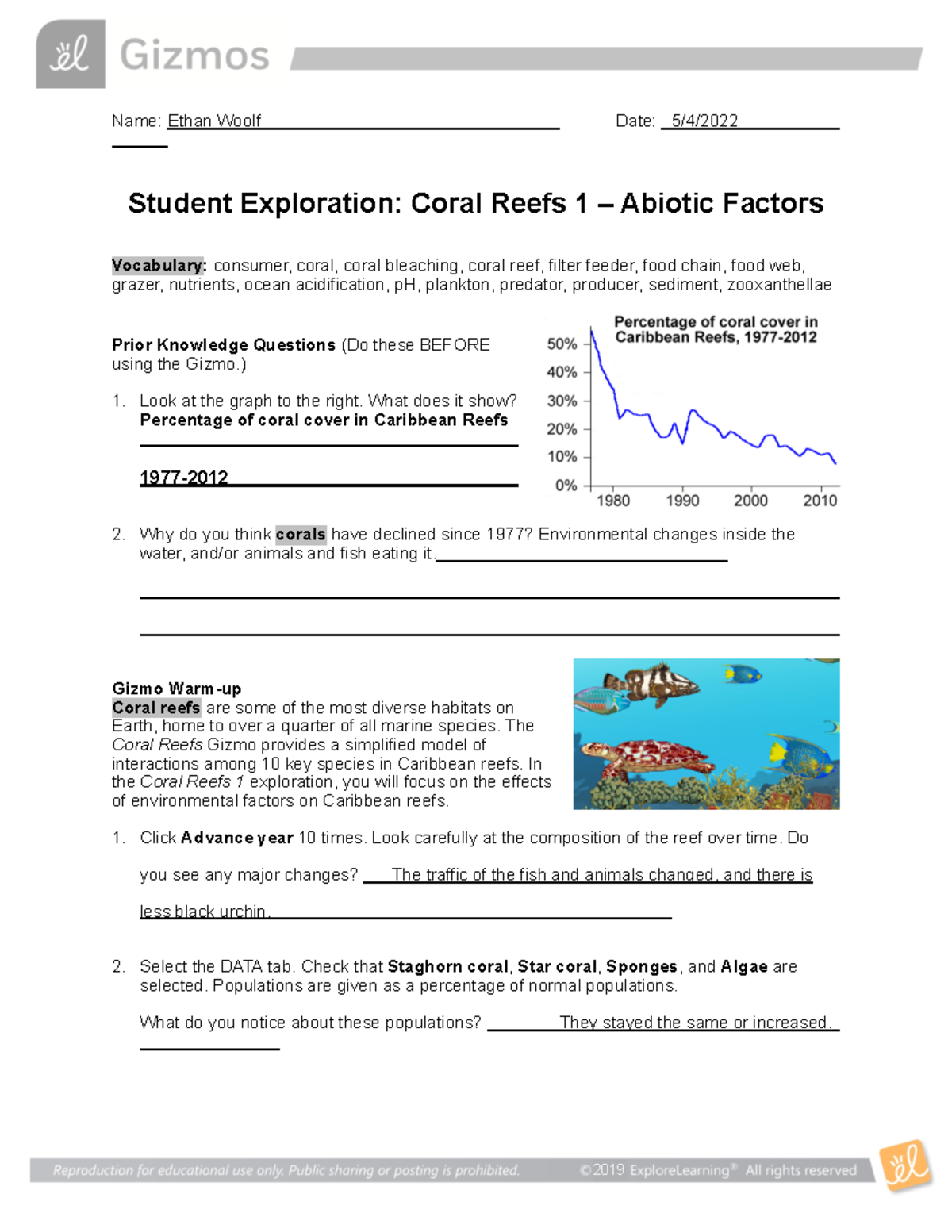 Coral Reef 1 student answer sheet - Name: Ethan Woolf Date: 5/4 ...