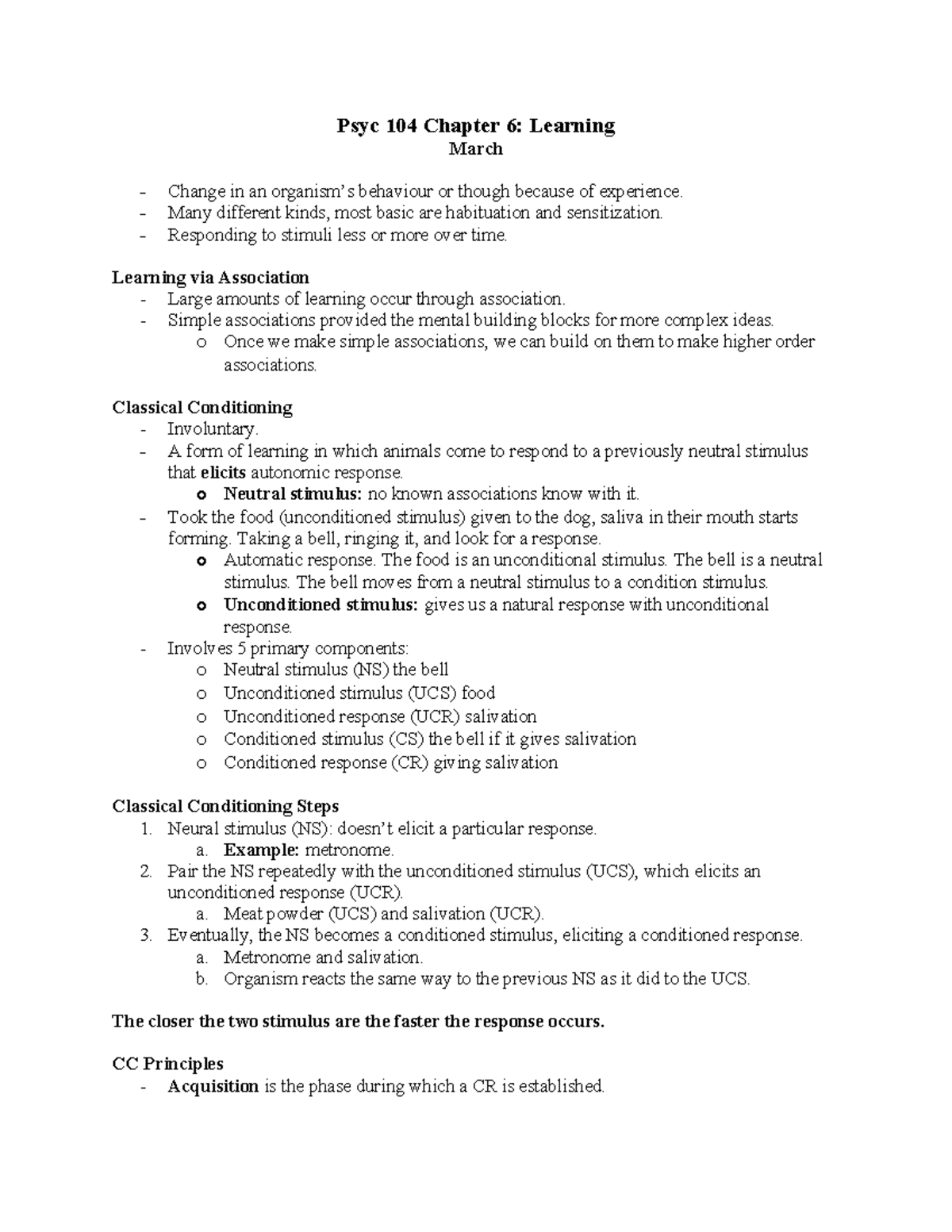 Psyc 104 Chapter 6: Learning - Classical & Operant Conditioning ...
