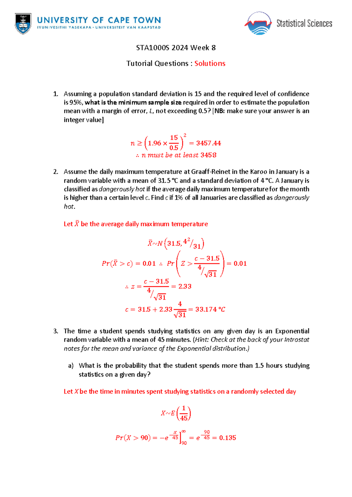 STA1000S 2024 Week 8 Tutorial questions and solutions - STA1000S 2024 ...