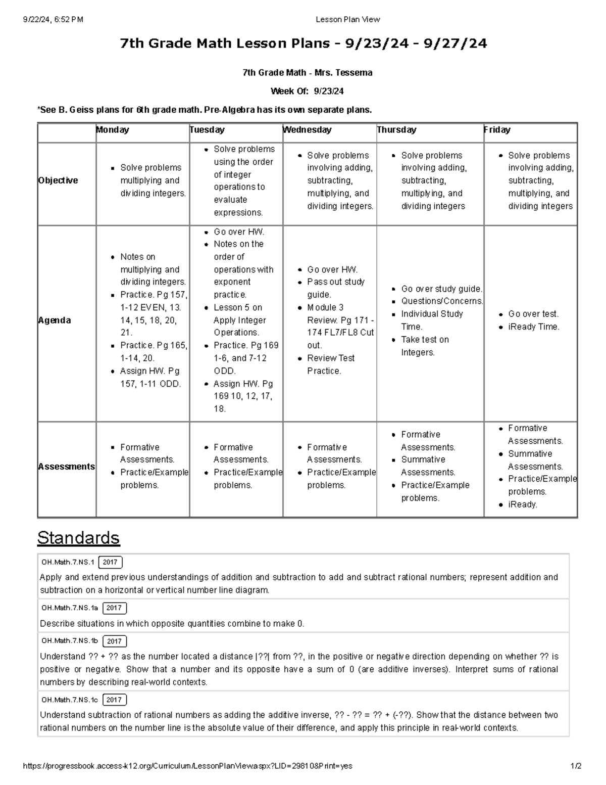 7th Grade Math Lesson Plan: Integers & Operations (Week of B. Geiss ...
